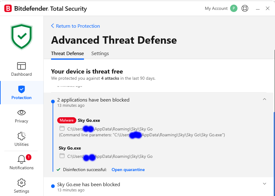 Answered: Bitdefender detecting Malware and blocks Sky Go on... | Sky ...