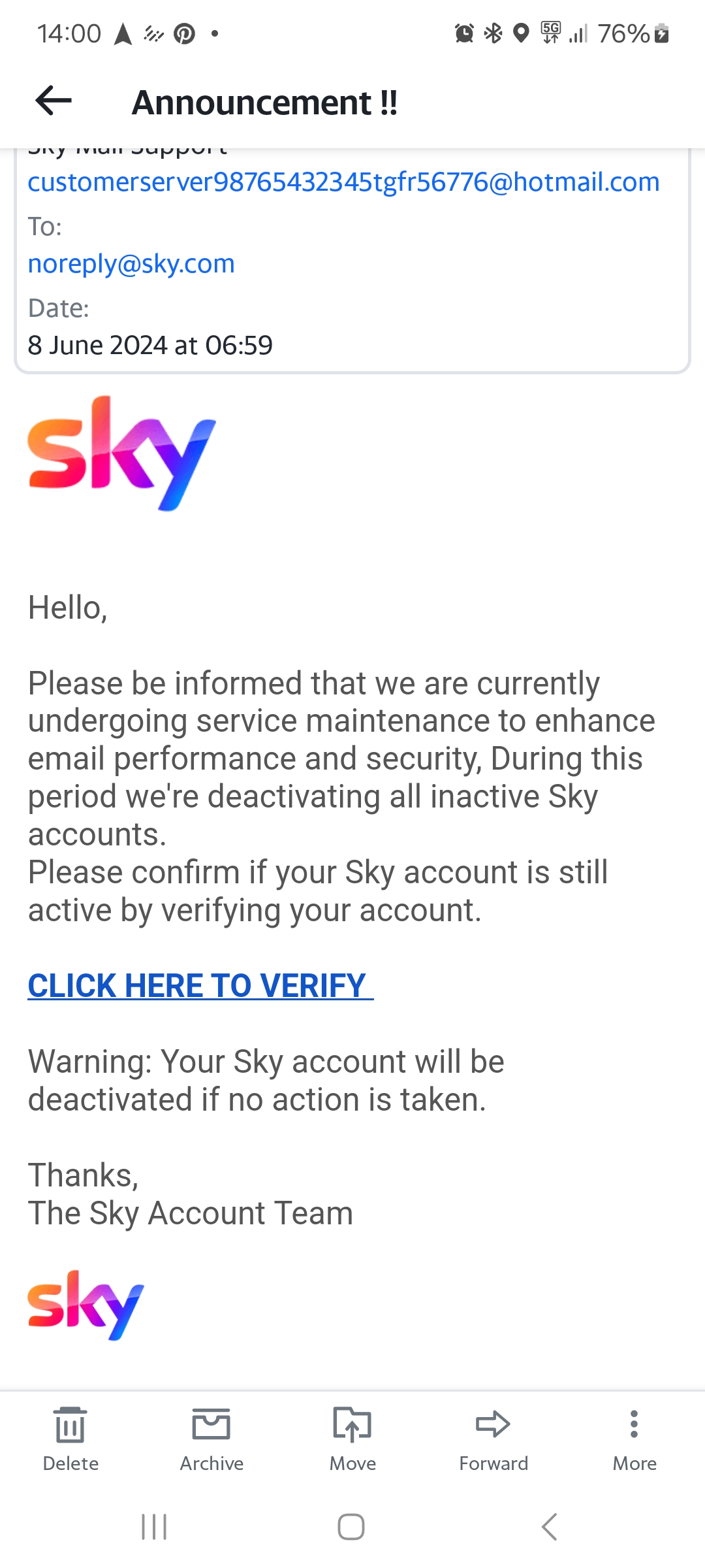 Answered: Is this a scam email? | Sky Community