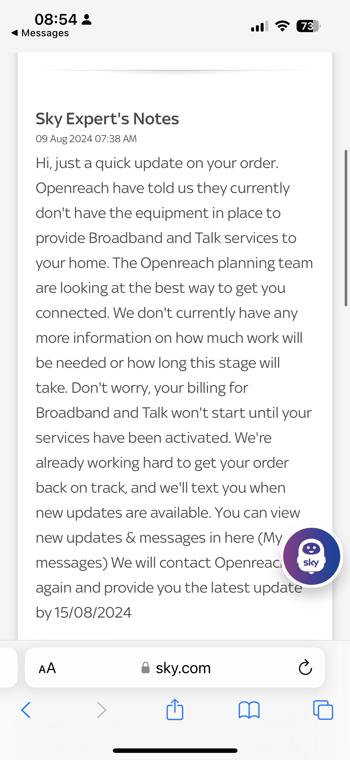 Broadband delayed setup | Sky Community