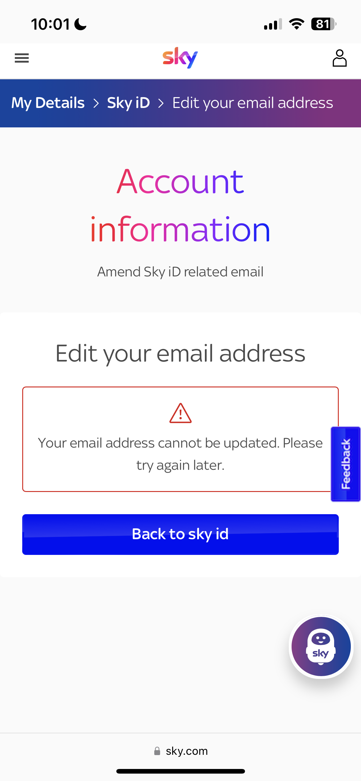 Unable to change my sky ID email address | Sky Community