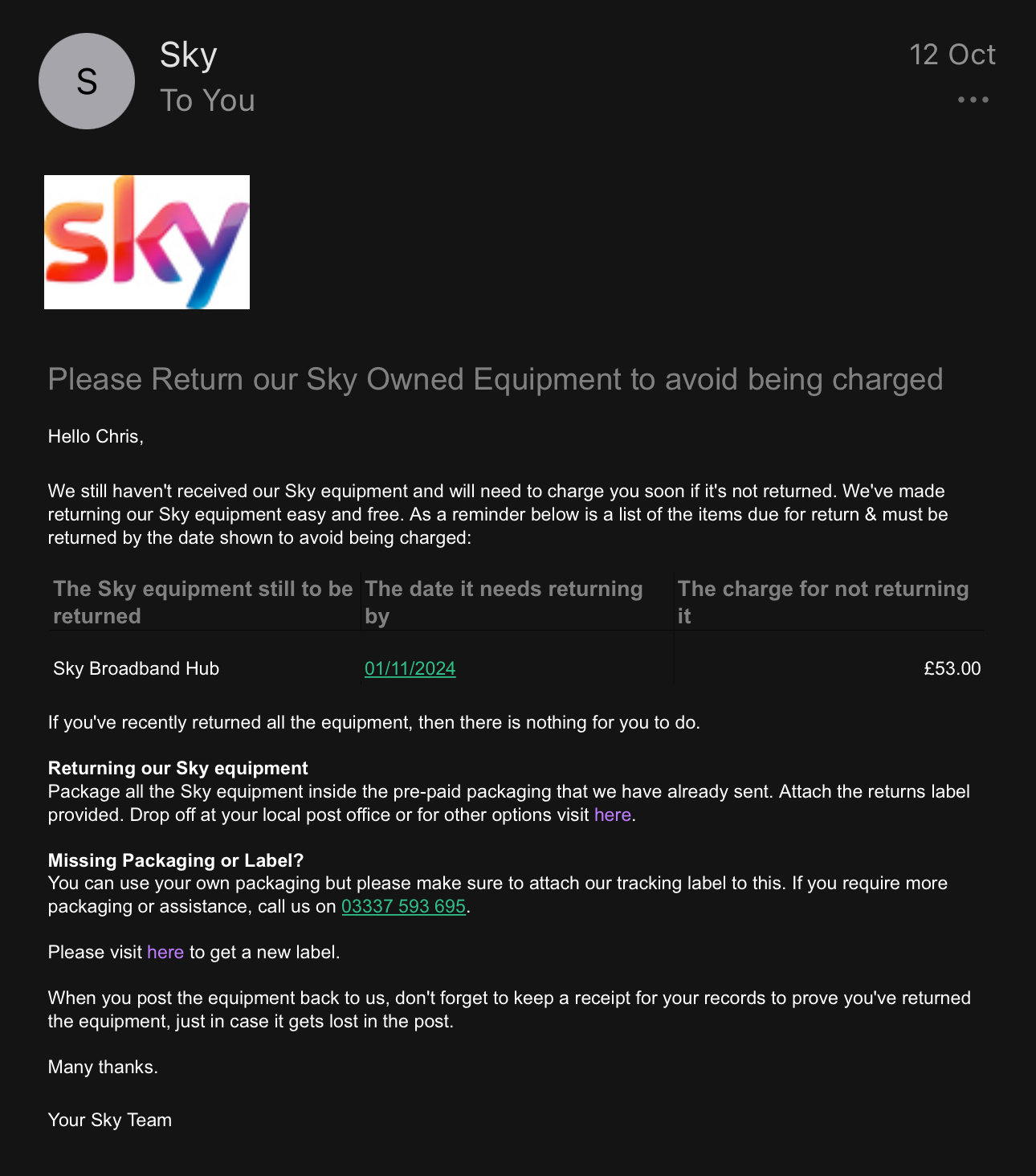 Returned equipment - still getting email/text | Sky Community