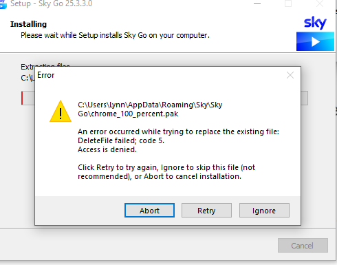 Answered: Error message when trying to install SkyGo. | Sky Community