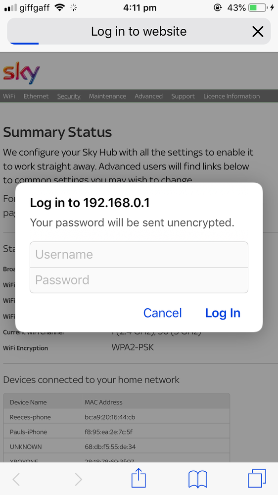 Having trouble logging onto 192.168.0.1 - Sky Community