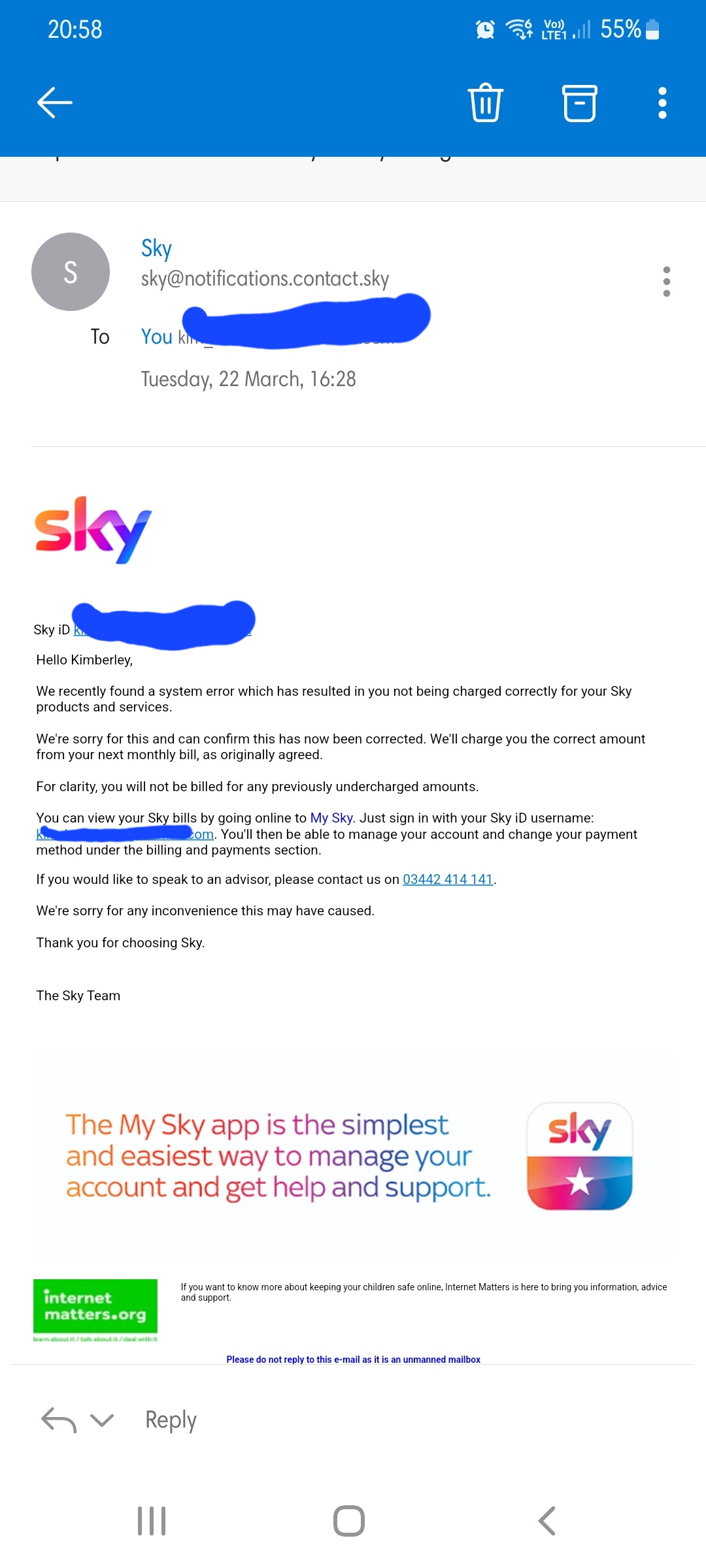 Email states ive been undercharged | Sky Community