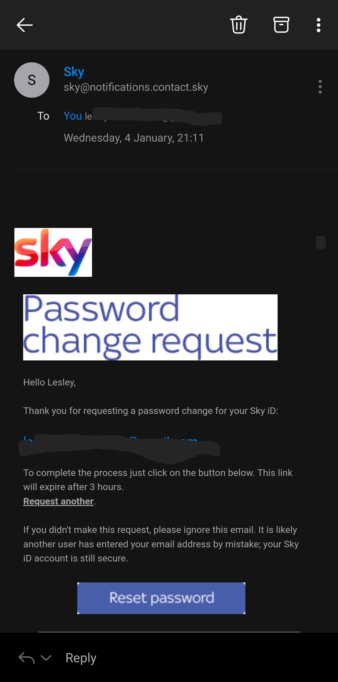 Suspicious email received | Sky Community
