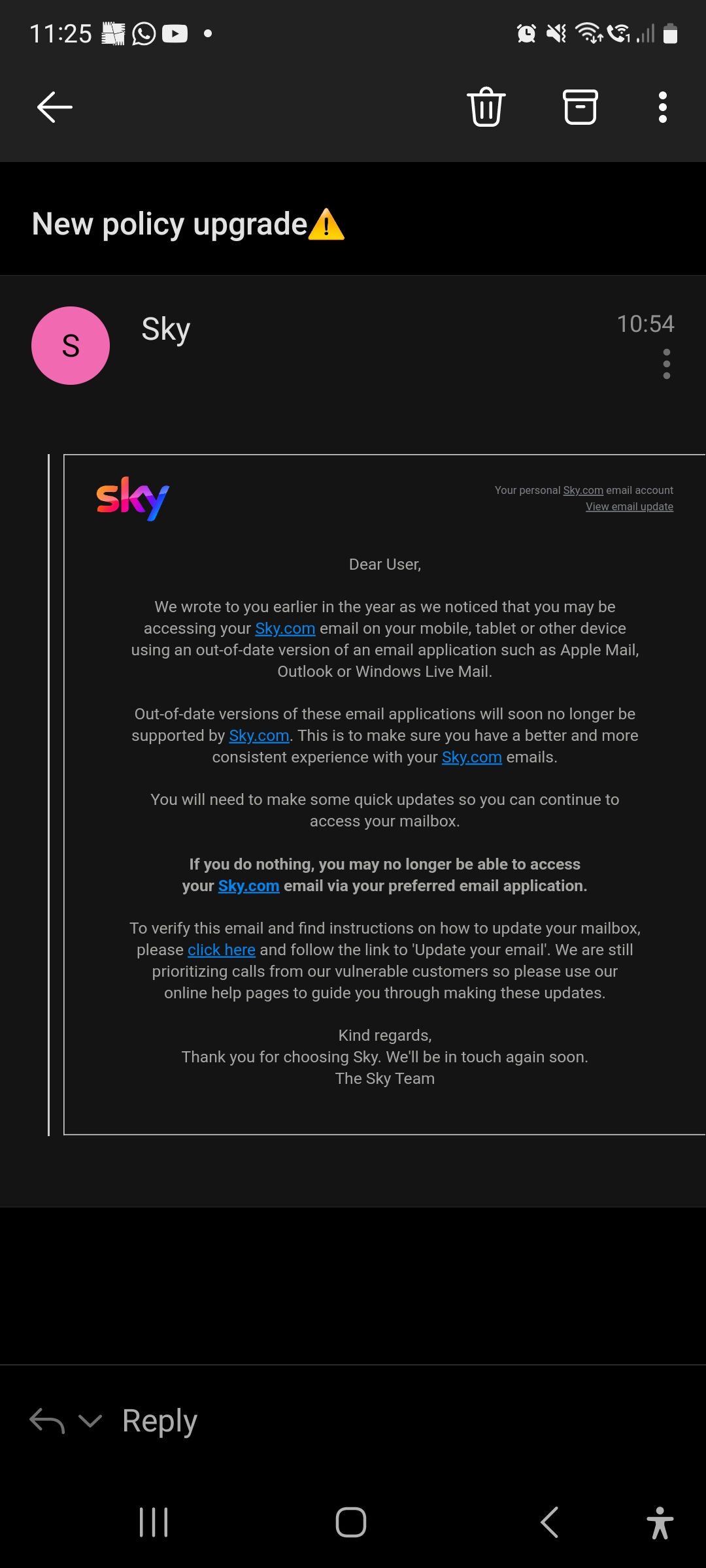 Answered: Just recieved a notice to update my email as outlo... | Sky ...