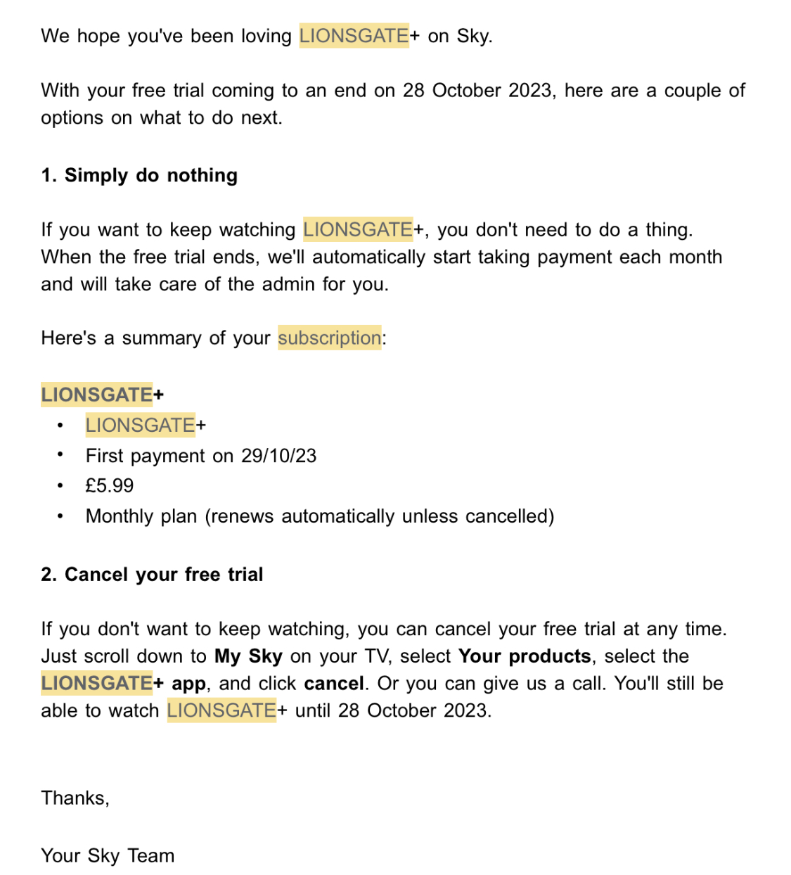 Sky VIP – LIONSGATE+ 3-month free trial