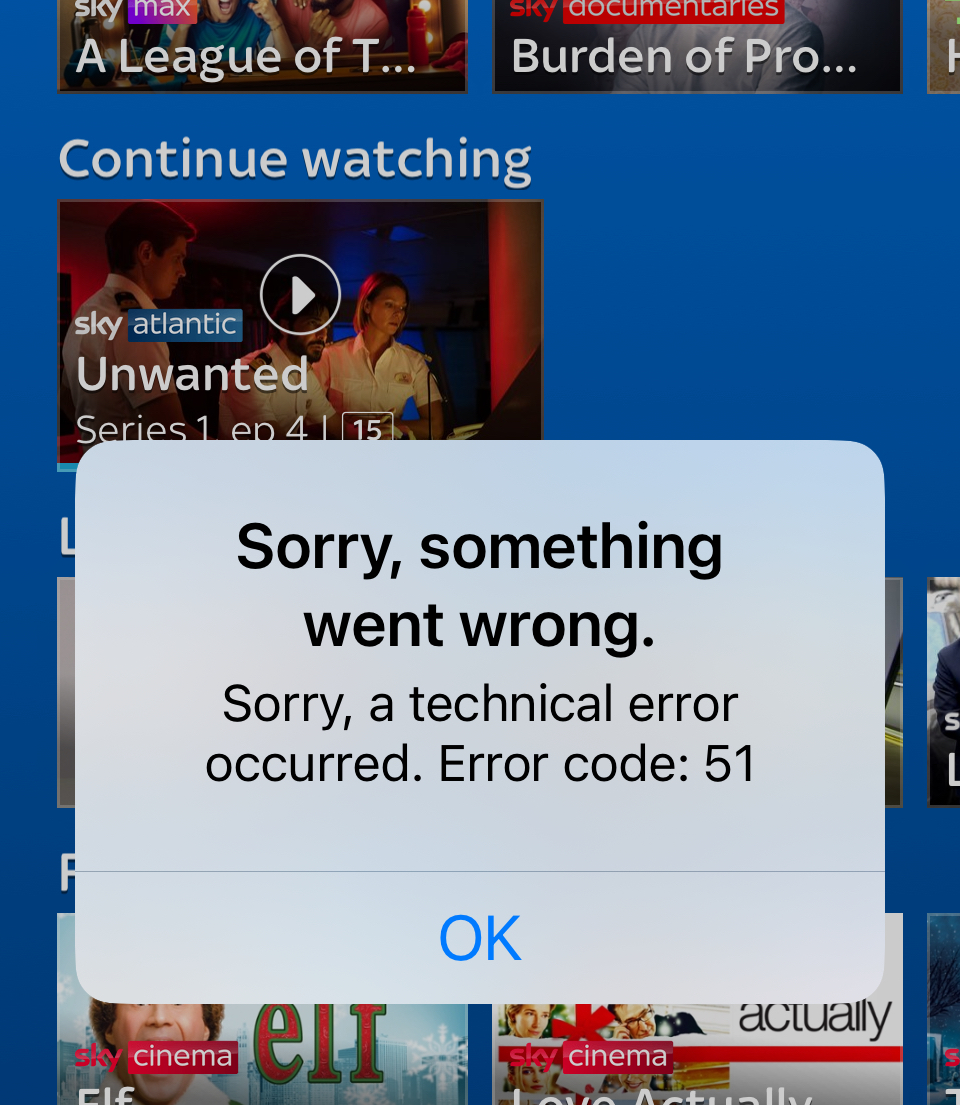 sorry a technical error occurred, error code 51’ e... | Sky Community