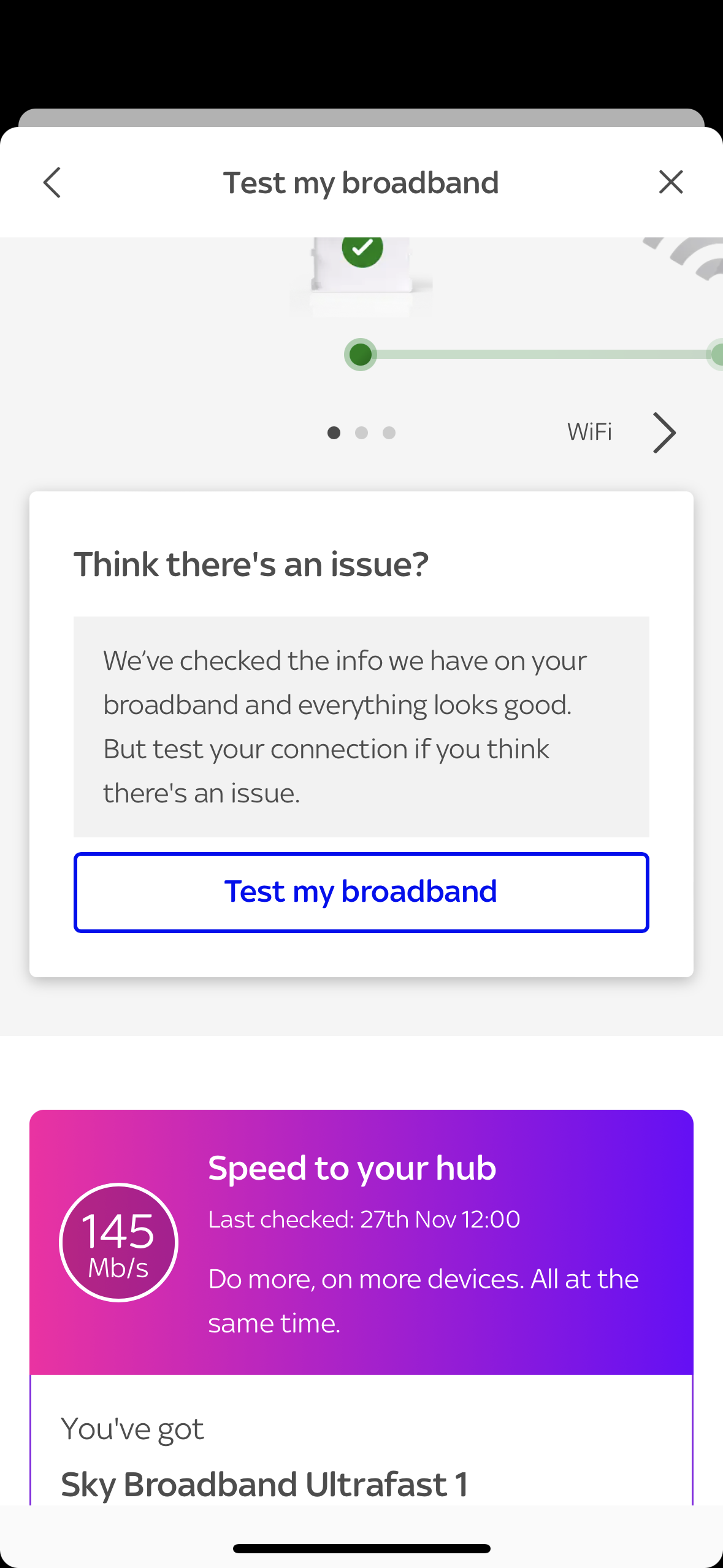 Broadband test says 53.6 but speed to hub is 145? | Sky Community